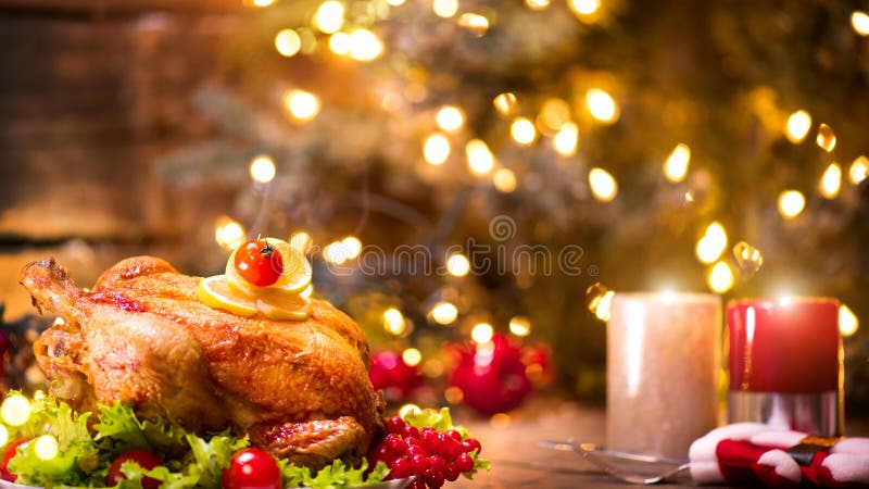 Christmas. Decorated Holiday Table with Roasted Chicken Stock Photo ...