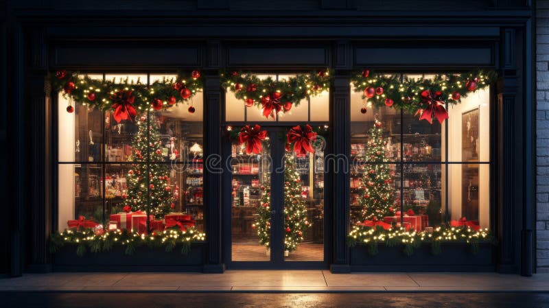 Christmas Decorated Storefront with Christmas Trees and Lights Stock ...