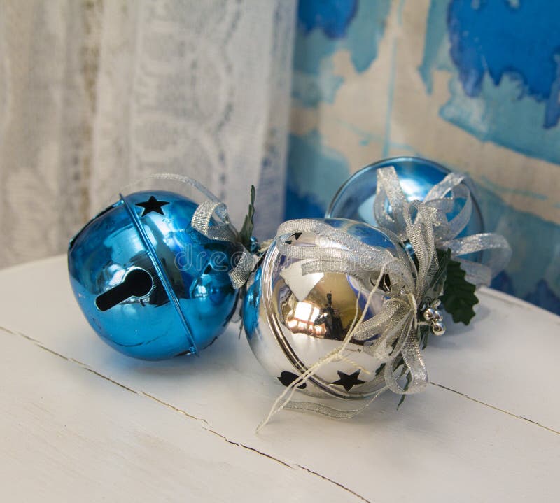 Christmas Decoration Balls and Bells Blue and White Stock Image - Image ...
