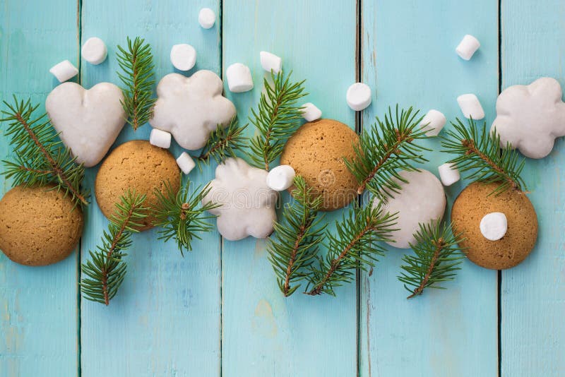 Christmas Decoration with Fir Tree, Christmas Cookies and Marshmallow ... Christmas Decoration with Fir Tree, Christmas Cookies and Marshmallow ...