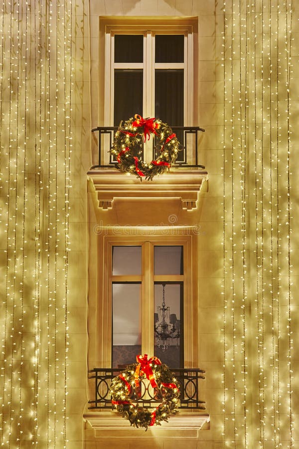 Christmas Lights Decoration on a Building Facade Stock Photo - Image of ...