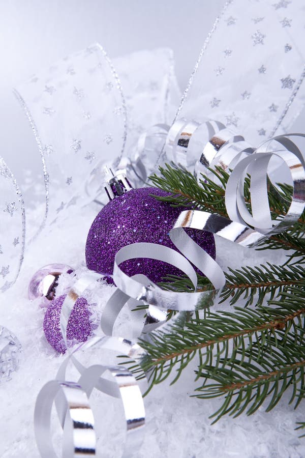 Christmas Decoration Purple Silver on White Snow Stock Photo - Image of ...