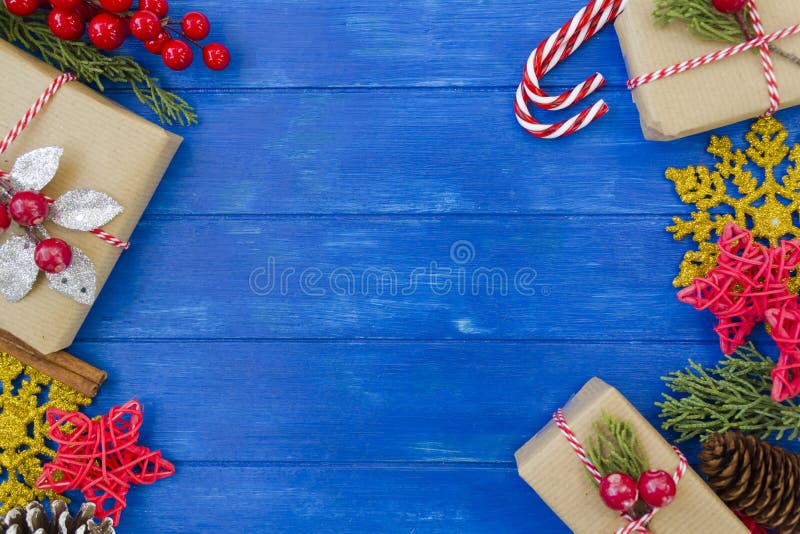 Christmas Decoration Side Borders on Blue Wooden Table Stock Image ...