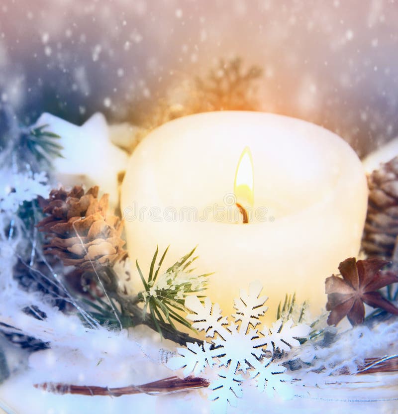 Christmas Decoration with Snowflake, Candle and Snow Stock Photo ...