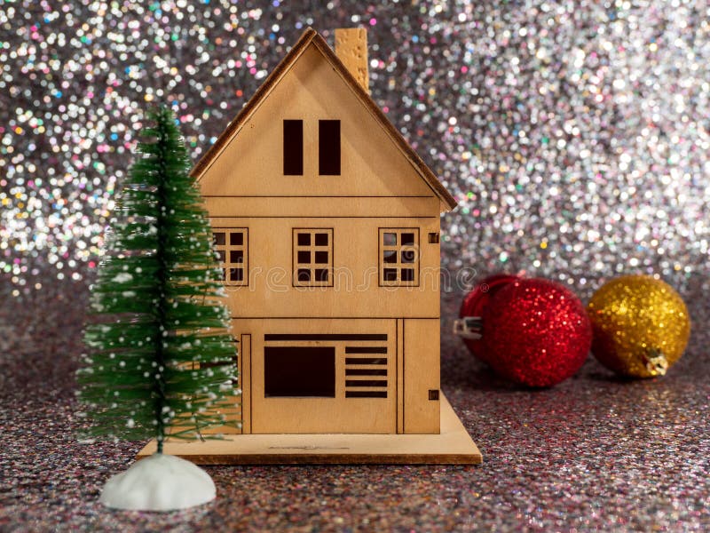 Christmas Decoration with a Wooden House. Silver Background Stock Photo ...
