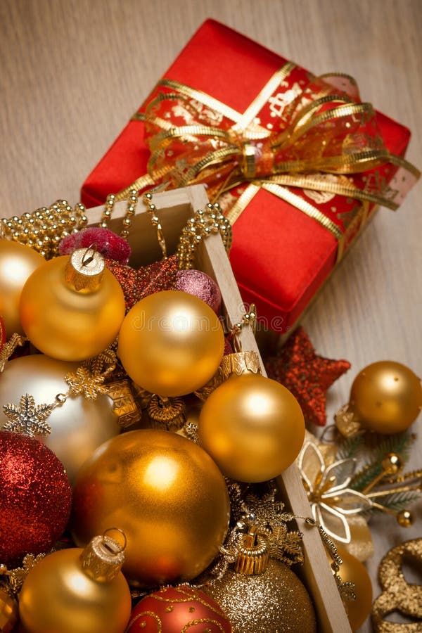 Box of Christmas Decorations Stock Photo - Image of overhead ...