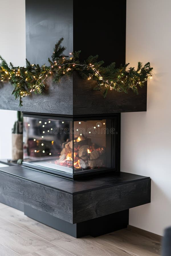 Christmas Decorations on a Black Fireplace with String Lights Stock ...