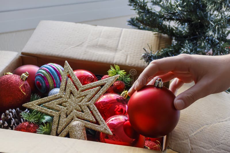 Christmas Decorations in Carton Box Stock Image - Image of decoration ...