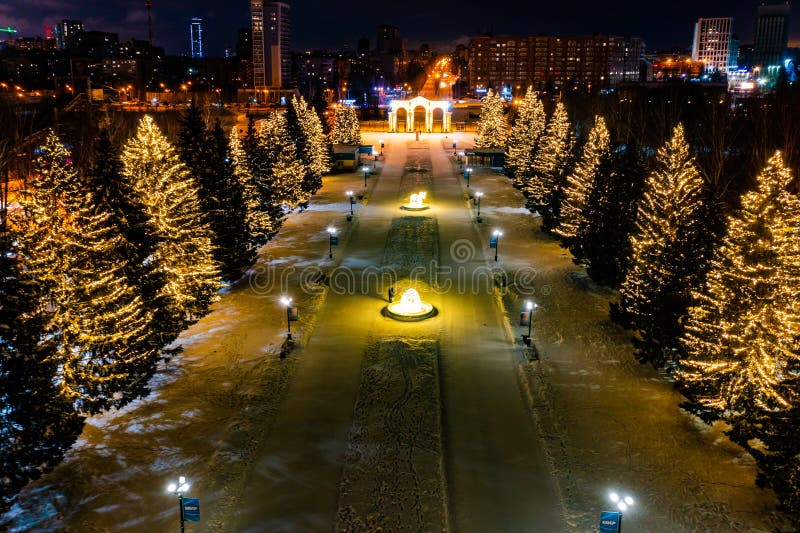 Christmas Decorations in the City Park, Path Leading To the Christmas ...