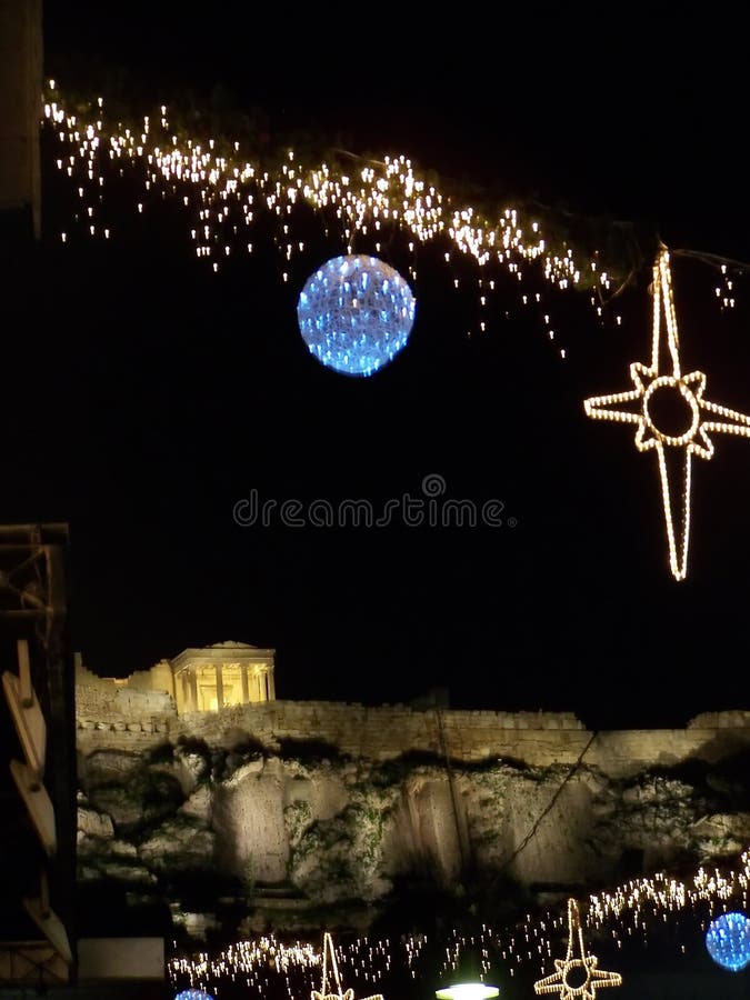 Christmas Decorations in Front of the Parthenon at Night Stock Image ...