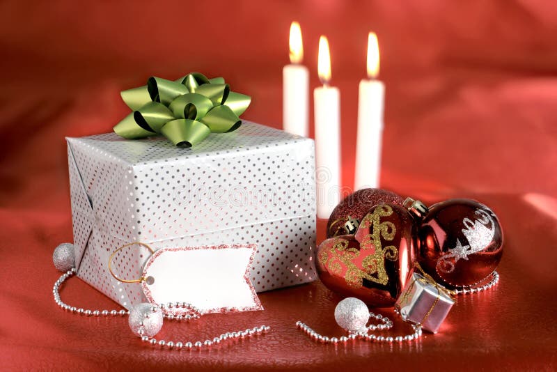 Christmas Decorations and Gift Package with Tag Stock Image - Image of ...