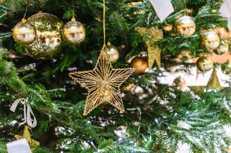 Christmas Decorations Golden Star and Snow on Pine Tree Stock Image ...
