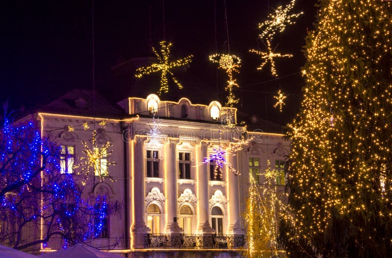 Christmas Decorations and Lights on the Building and Around the ...