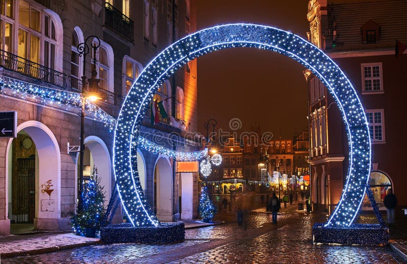 Christmas Decorations at Night Stock Photo - Image of lantern ...