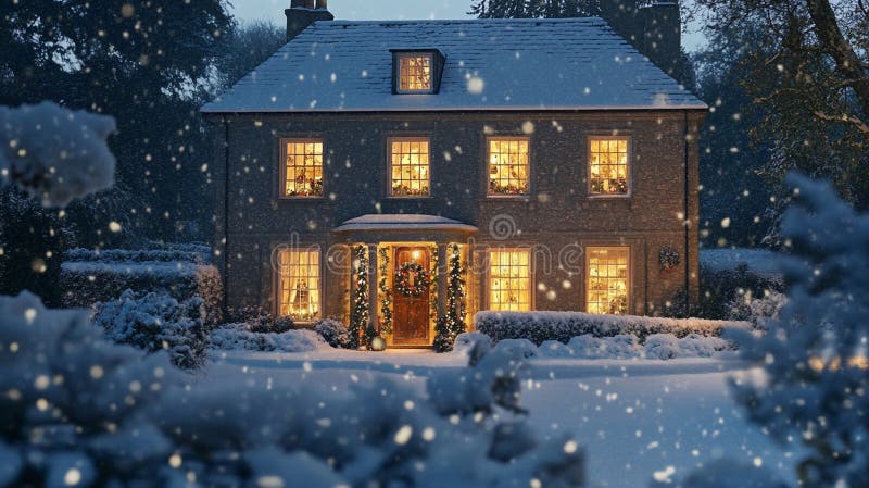 Christmas Decorations of an Old House in Snowfall in Winter Stock Photo ...