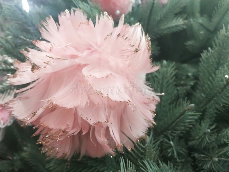 Christmas Decorations. Pink Ball of Feathers on the Christmas Tree ...