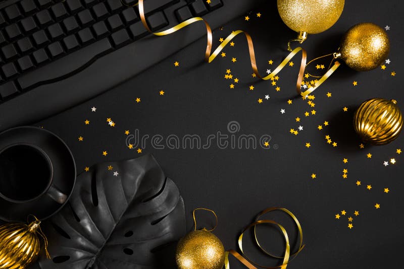 Christmas Decorations, Ribbons and Christmas Balls on a Black Office ...