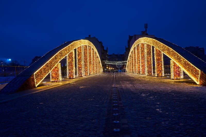Christmas Decorations on the Steel Structure of the Bridge at Night ...