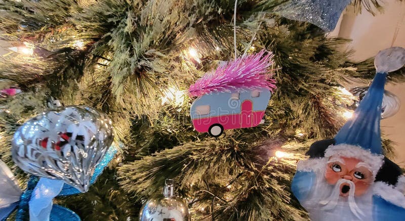Christmas Decorations Tree and Ornaments with Rv Trailer Stock Photo ...