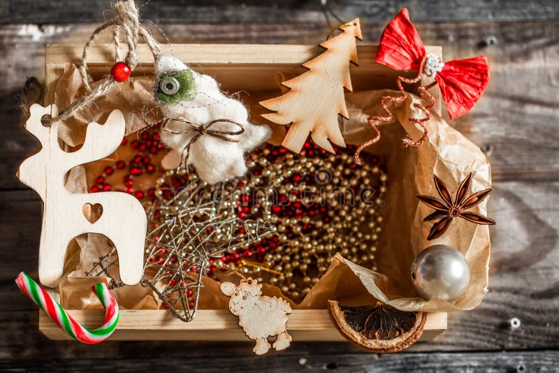 Christmas Decorations in a Wooden Box Stock Photo - Image of gift ...
