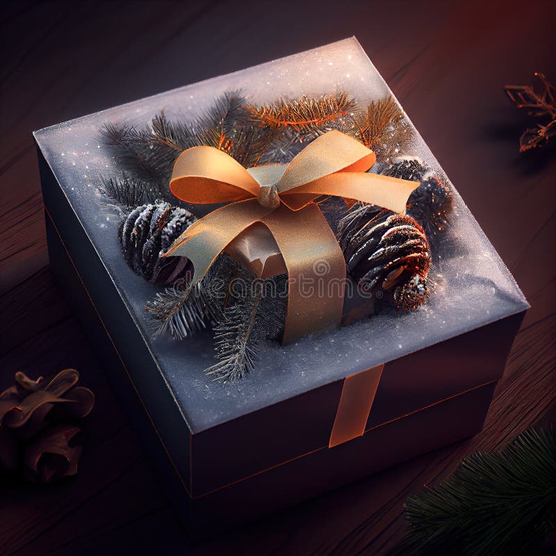 Christmas Decorative Box with a Bow, Pine Cones and Fir Branches Stock ...