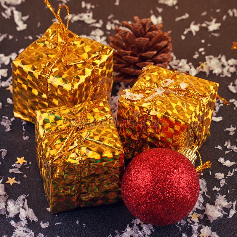 Christmas Decorative Gift Box, Ball Stock Image - Image of reflection ...
