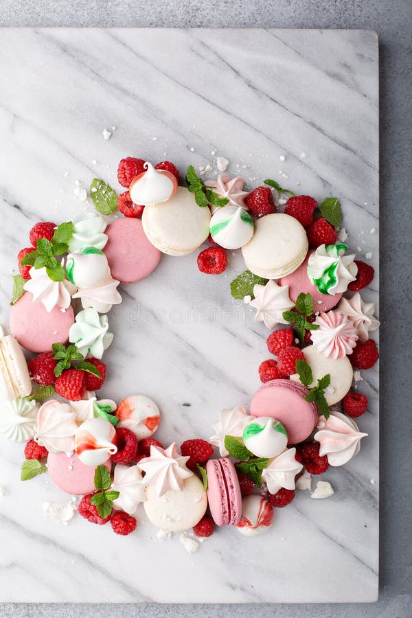 Christmas Dessert Wreath with Macarons and Meringues Stock Photo ...