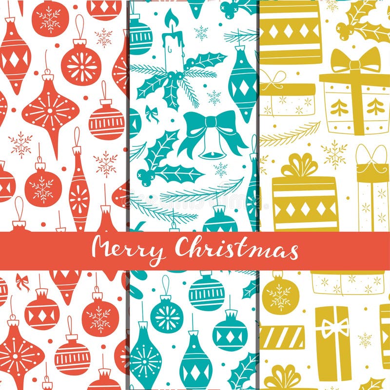 Christmas Different Seamless Patterns. Xmas Hand Drawn Elements. Stock ...