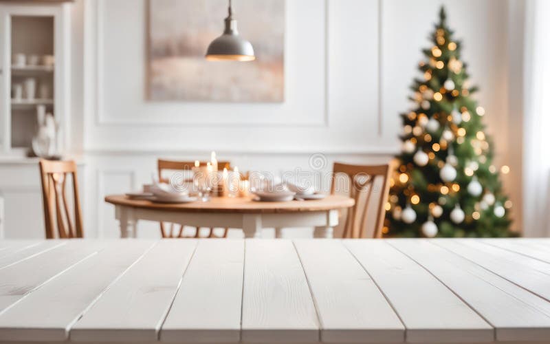 Empty White Table with Christmas Dining Room and Tree in the Background ...