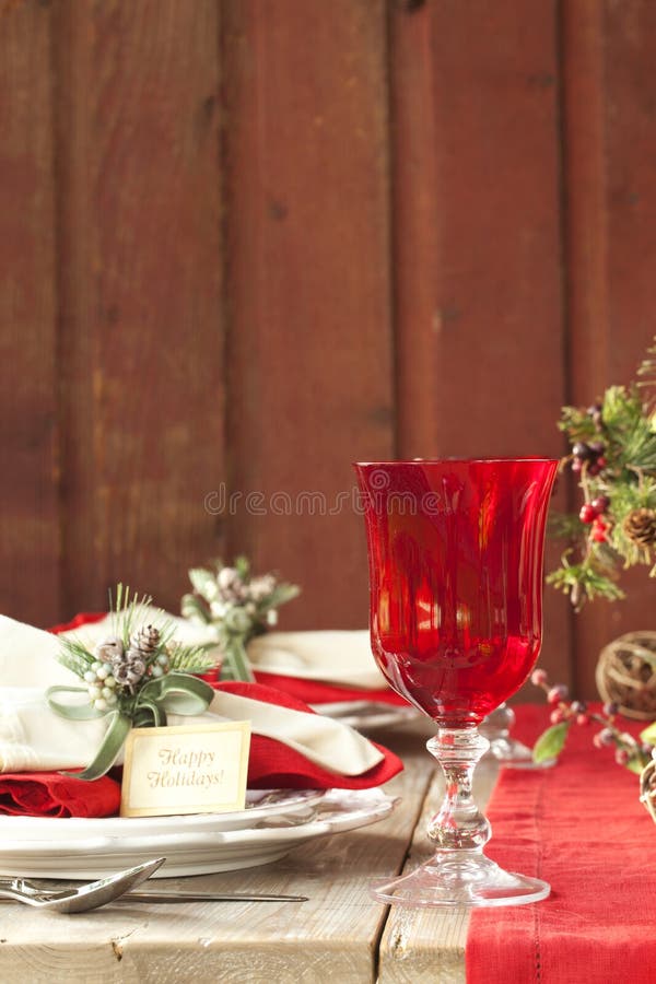 Christmas Dining Scene on Rustic Wood Table and Wall Stock Image ...