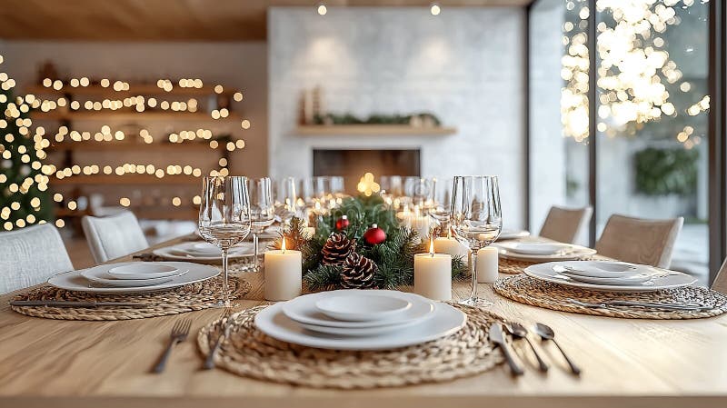 Christmas Dining Table Setting in Cozy Home with Fireplace and Tree ...