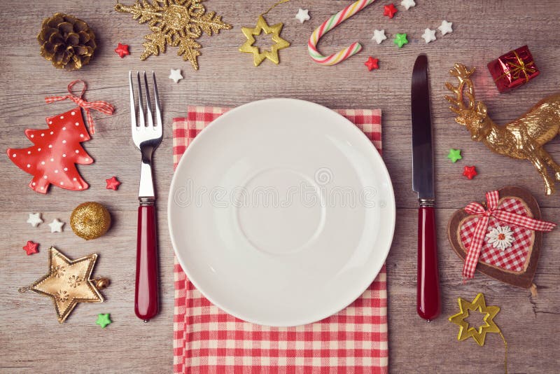Christmas Dinner Background with Rustic Decorations. View from Above ...