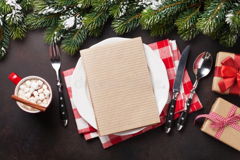 Christmas Dinner Plate, Silverware, Fir Tree, Hot Chocolate Stock Photo ...