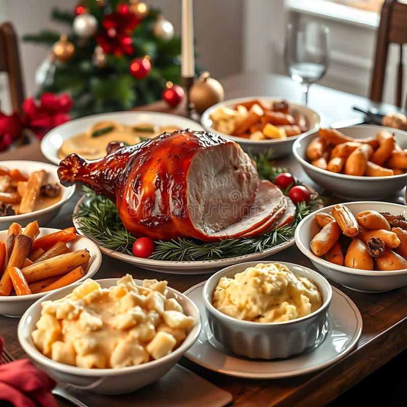 A Christmas Dinner Spread with a Glazed Ham Roasted Vegetables Mashed ...
