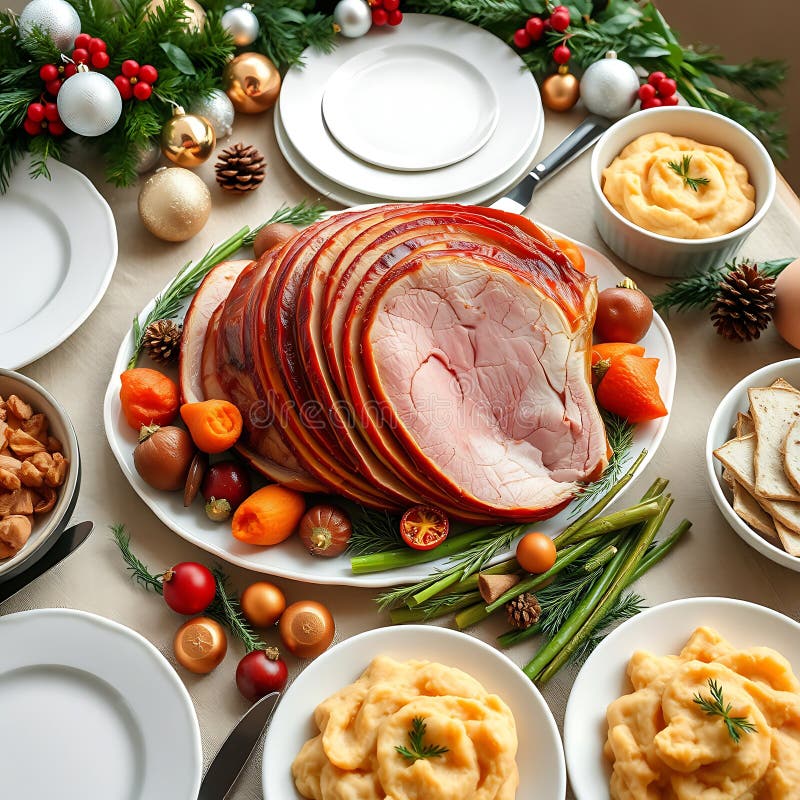 A Christmas Dinner Spread with a Glazed Ham Roasted Vegetables Mashed ...