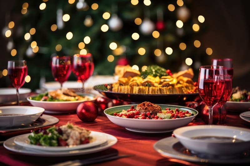 Christmas Dinner on the Table Against the Background of the Christmas ...