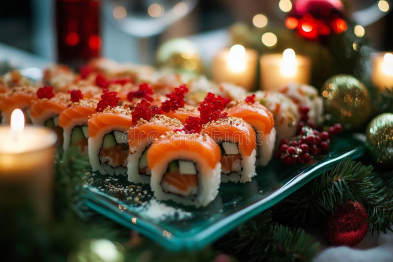 A Christmas Dinner Table with Beautiful Sushi and Chic Decor Stock ...