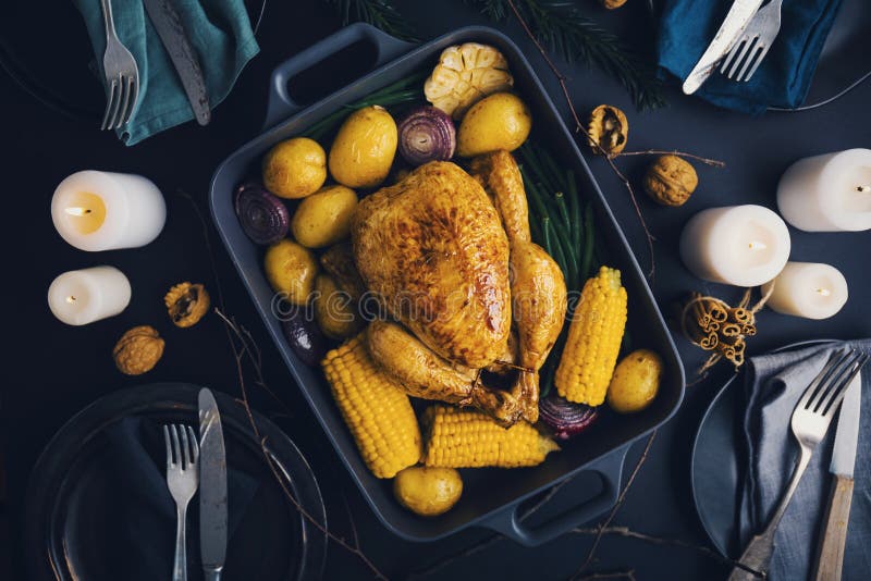 Christmas Dinner Table with Chicken on Dark Stock Photo - Image of home ...