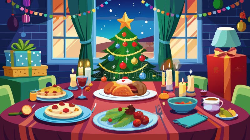 Christmas Dinner Table with Christmas Tree on Backgorund Stock Vector ...