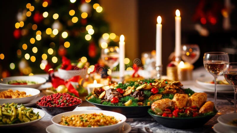 Christmas Dinner Table Full of Dishes with Food and Snacks and ...