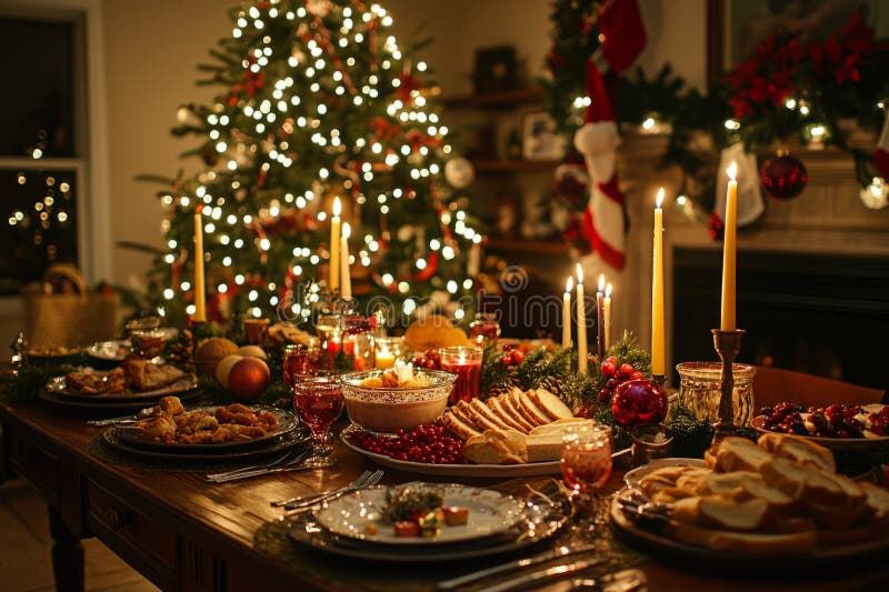 Christmas Dinner Table Glowing in Candlelight with Christmas Tree ...