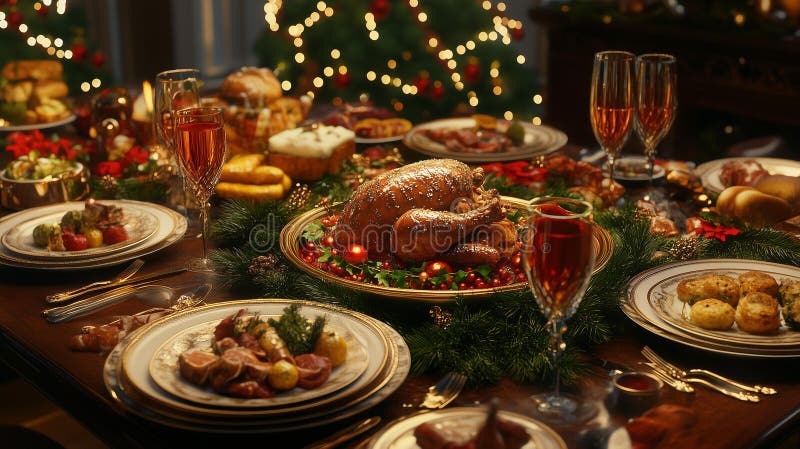 Christmas Dinner Table Set with a Feast of Delicious Food. by ...
