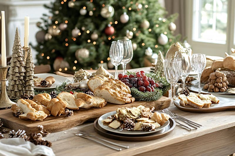 Christmas Dinner Table Setting with Bread, Grapes, and Festive ...