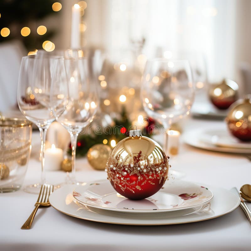 Christmas Dinner Table Setting. Christmas Day Meal with White and Gold ...