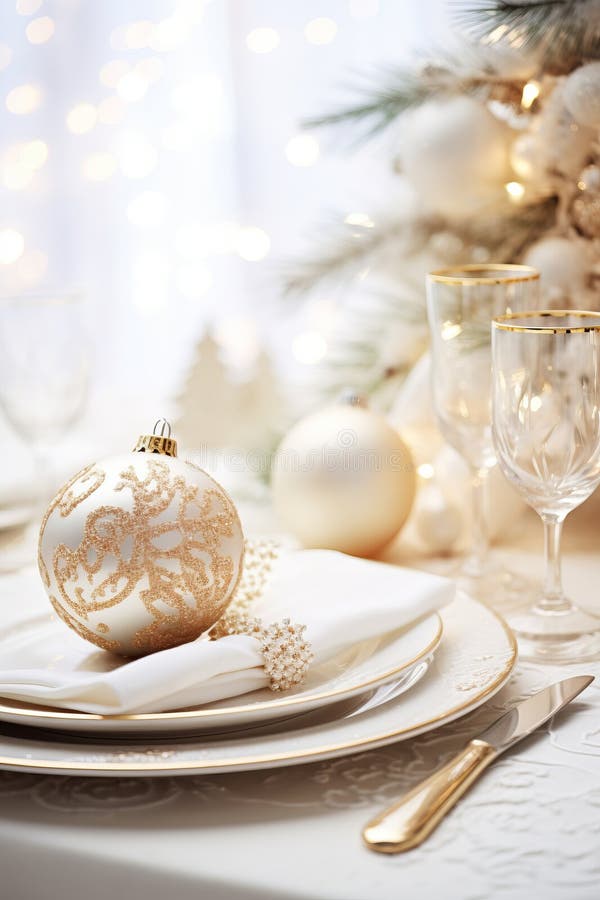 Christmas Dinner Table Setting. Christmas Day Meal with White and Gold ...