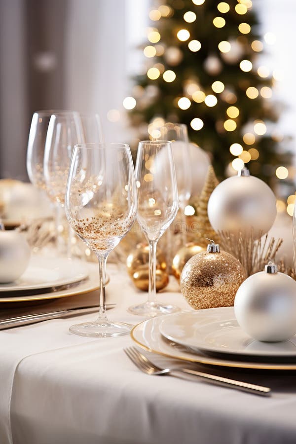 Christmas Dinner Table Setting. Christmas Day Meal with White and Gold ...