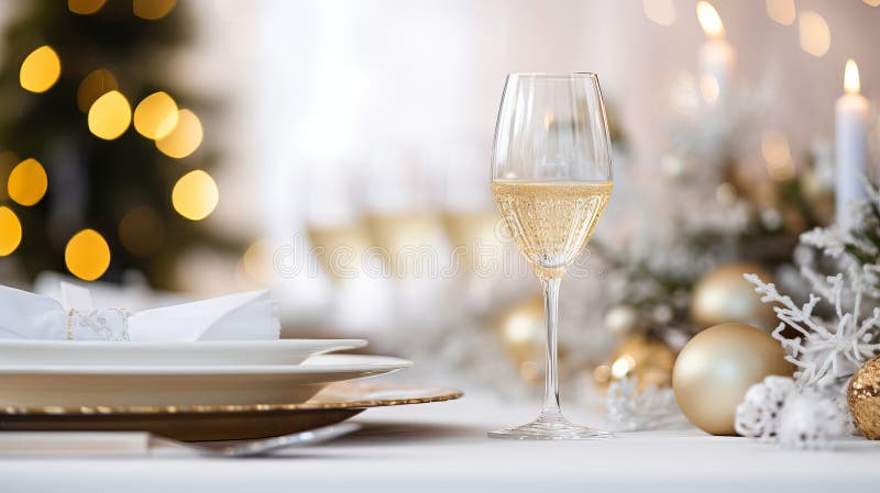 Christmas Dinner Table Setting. Christmas Day Meal with White and Gold ...