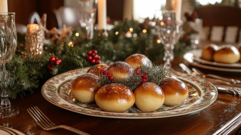 Christmas Dinner Table Setting with Glazed Bread Rolls Stock ...
