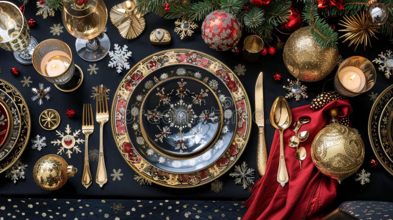 Christmas Dinner Table Setting with Luxury Black and Gold Plates and ...