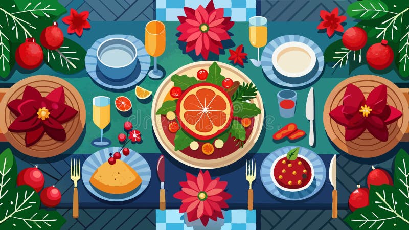Christmas Dinner Table Setting with Red Flower. Top View Stock Vector ...